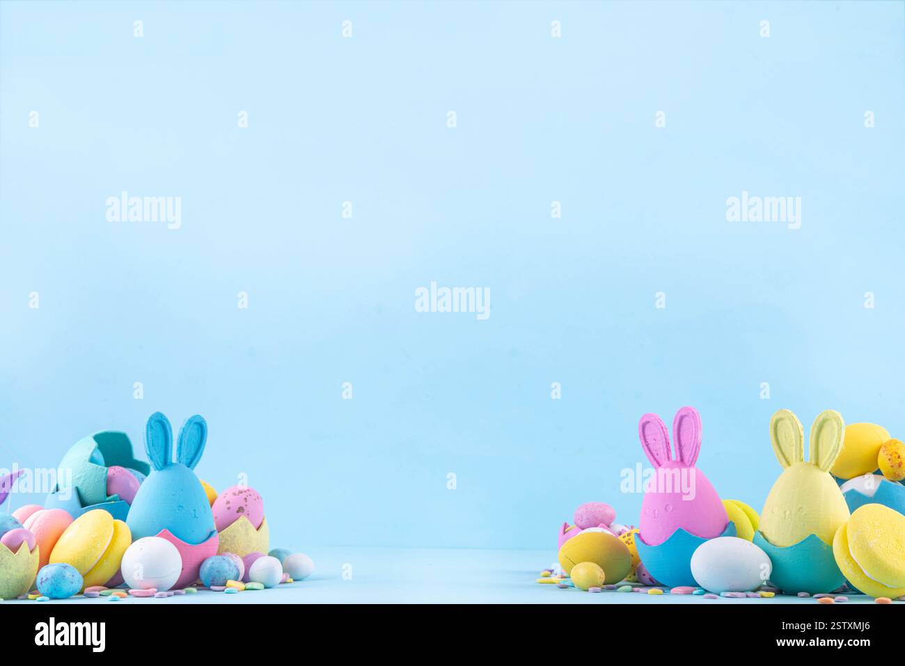 Cute and bright pastel colored Easter eggs and bunny background. Pink ...