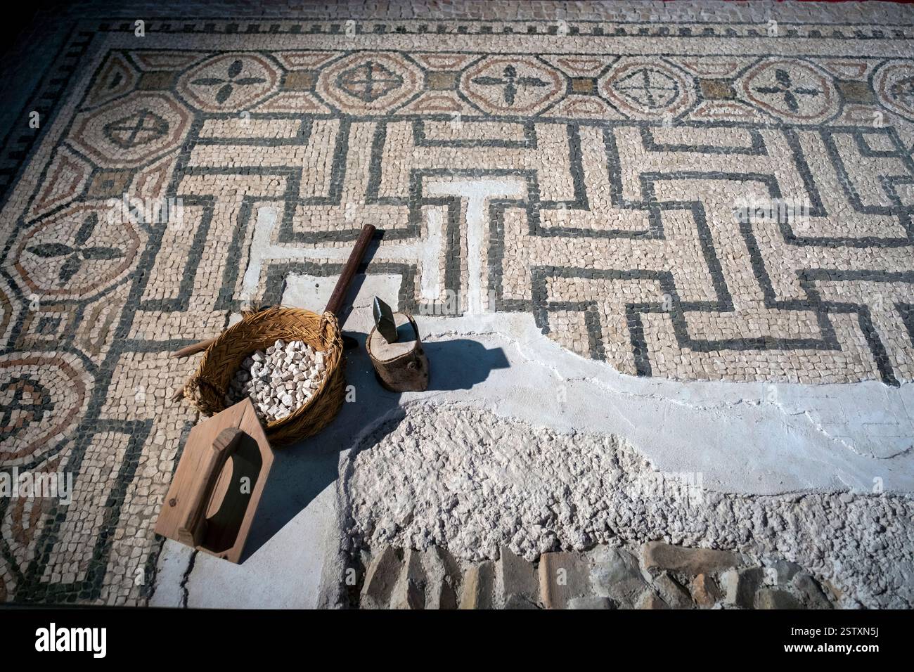 Display showing the method of Roman mosaic artwork using tesserae, The ...