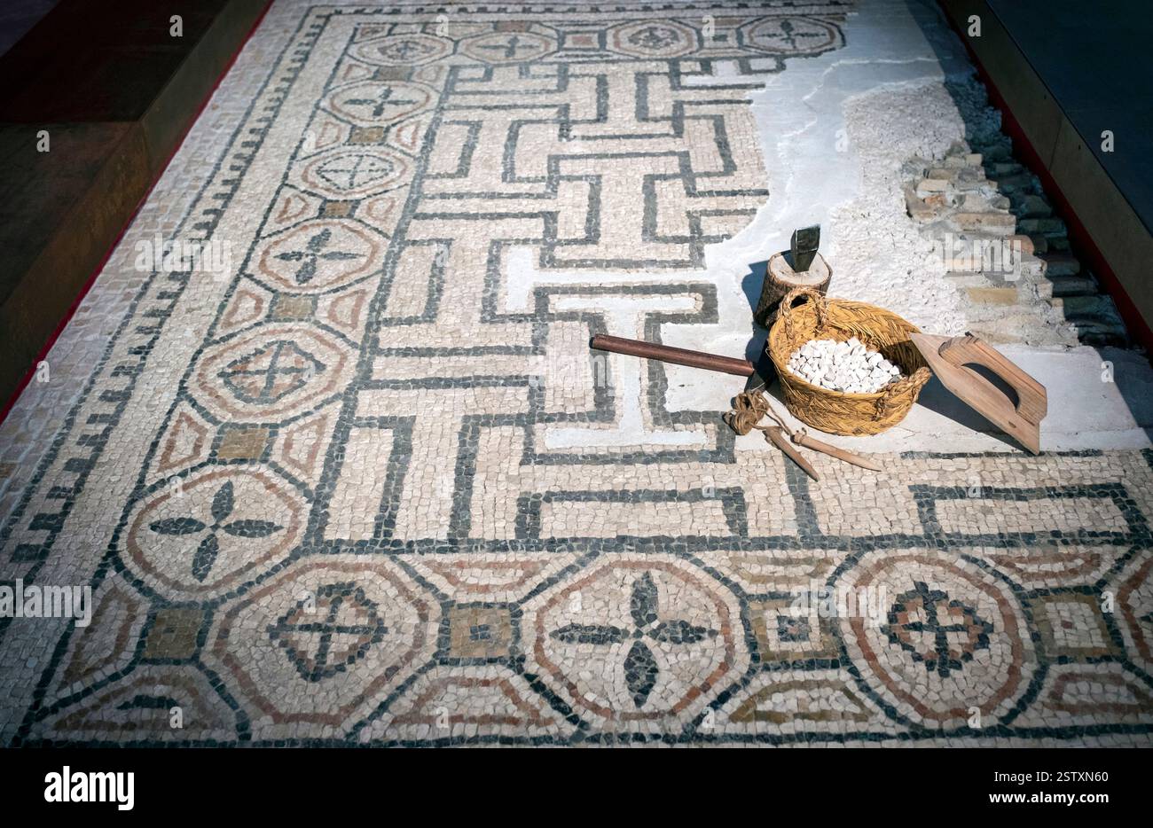 Display showing the method of Roman mosaic artwork using tesserae, The ...