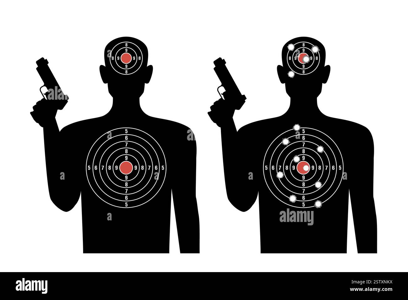 Black target for shooting with bullet holes. Human silhouettes with gun ...