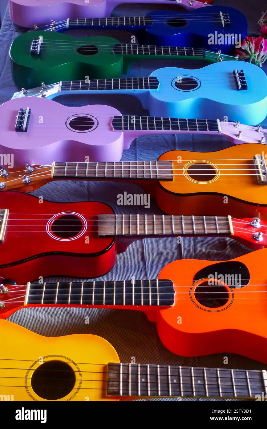 A vibrant row of small ukuleles in various bright colours, neatly lined ...