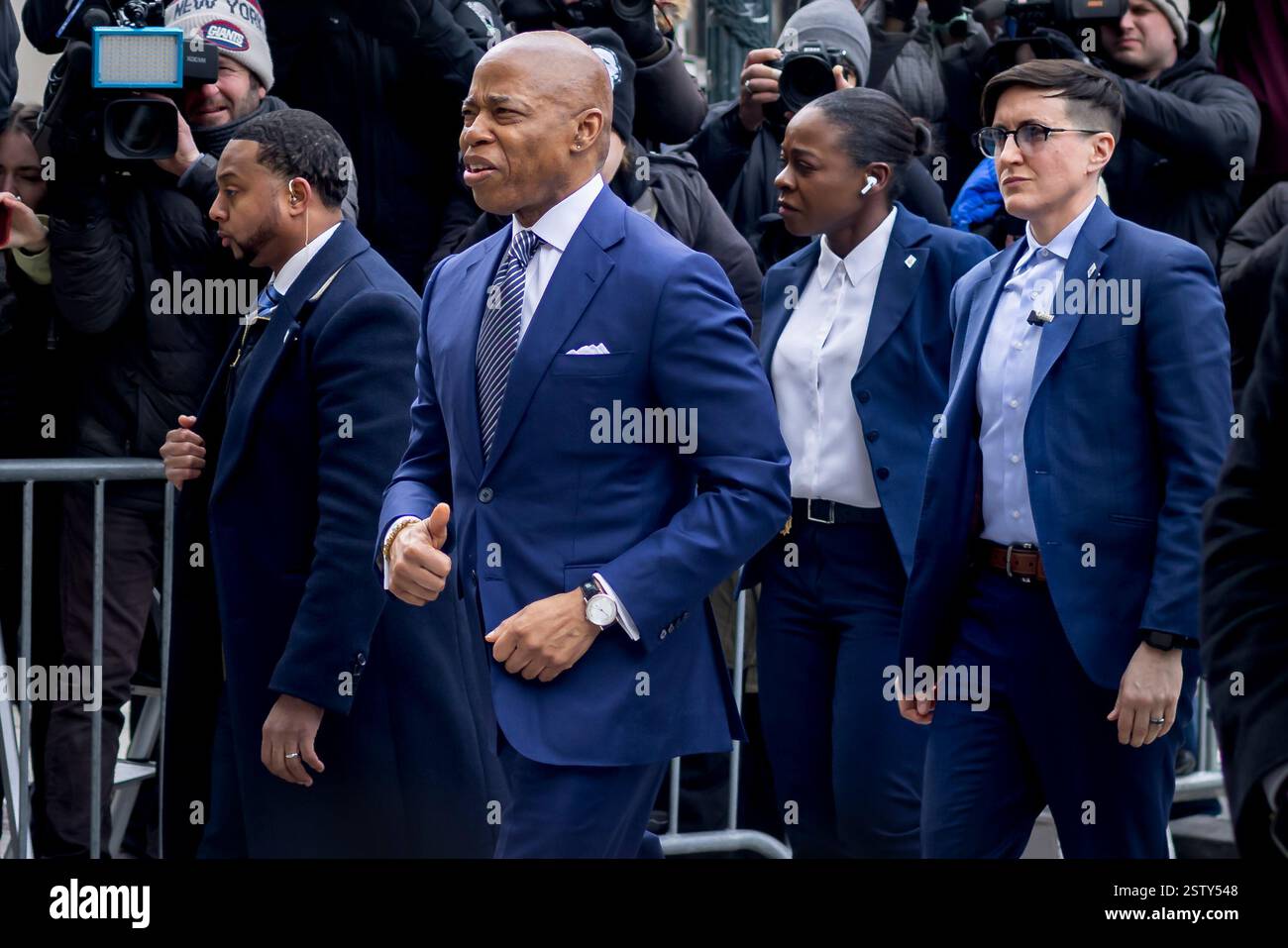 New York City Mayor Eric Adams arrives for a court hearing at Thurgood Marshall Courthouse. The ...