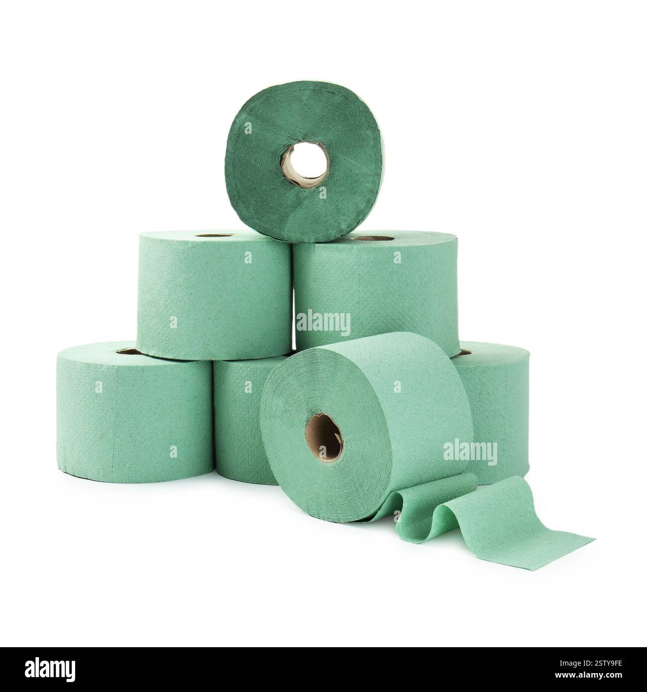 Stack of green toilet paper rolls isolated on white Stock Photo - Alamy
