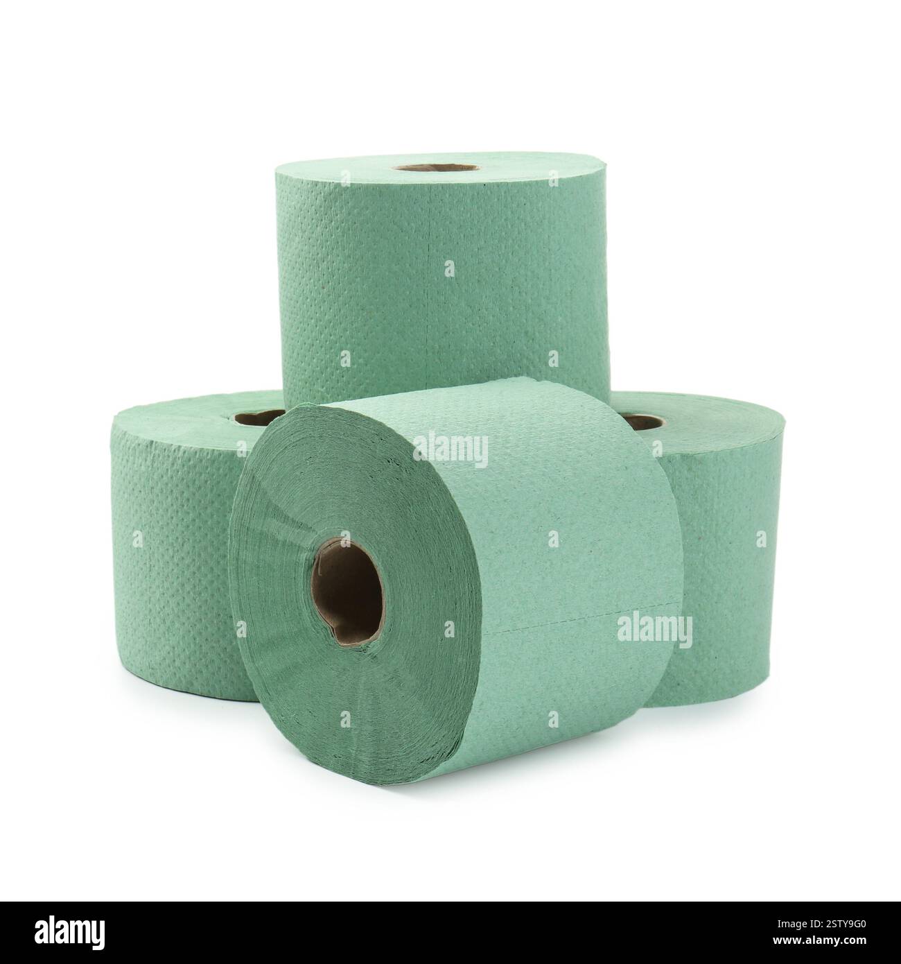 Green toilet paper rolls isolated on white Stock Photo - Alamy