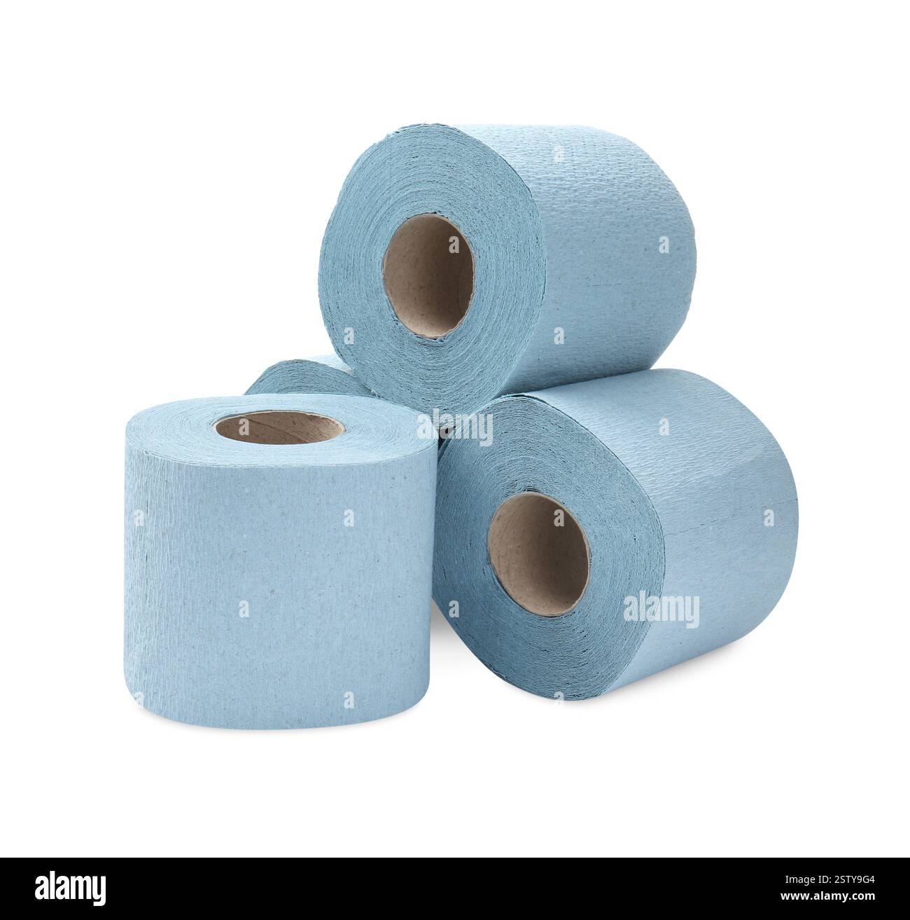Stacked light blue toilet paper rolls isolated on white Stock Photo - Alamy
