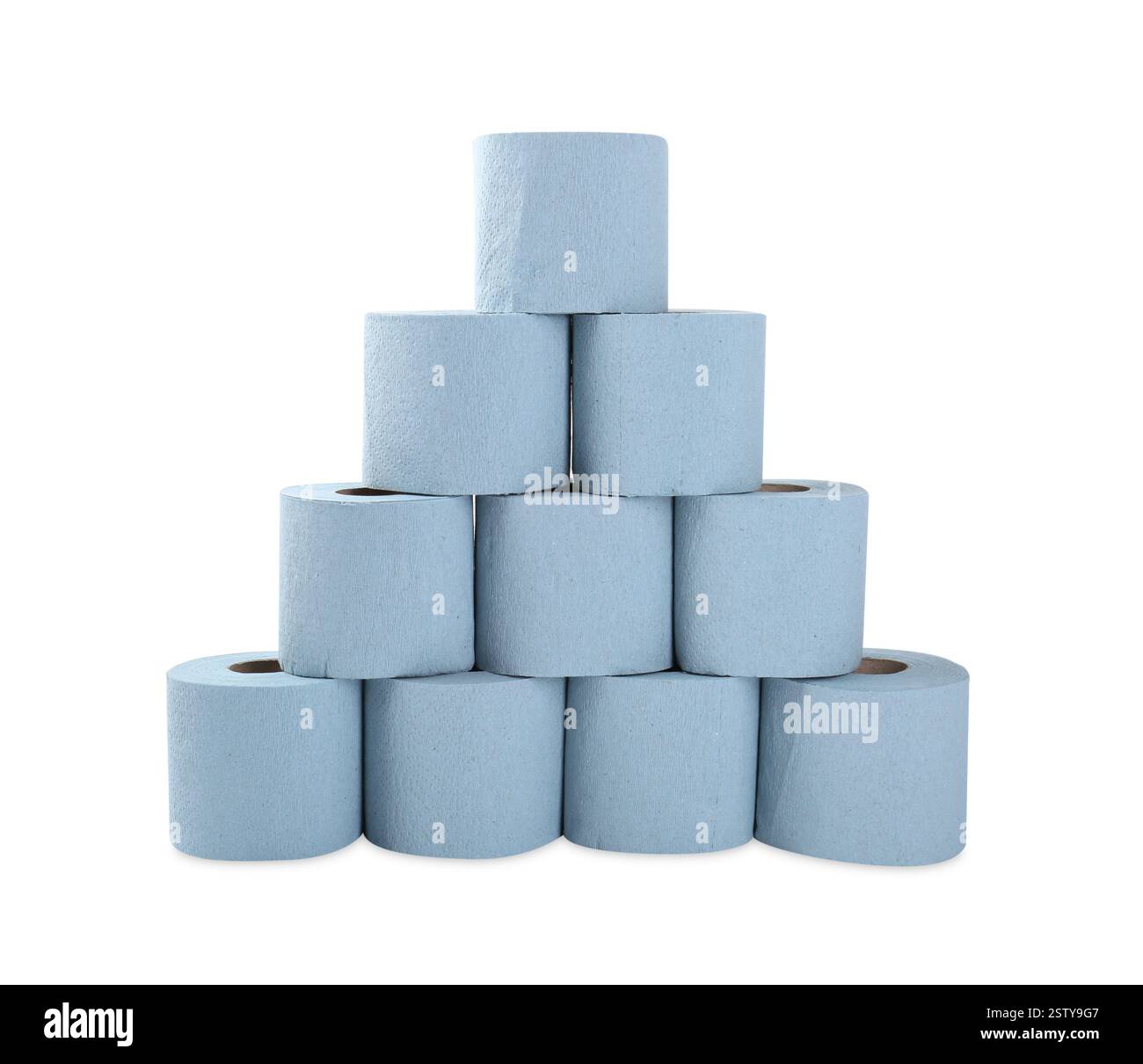 Stacked light blue toilet paper rolls isolated on white Stock Photo - Alamy