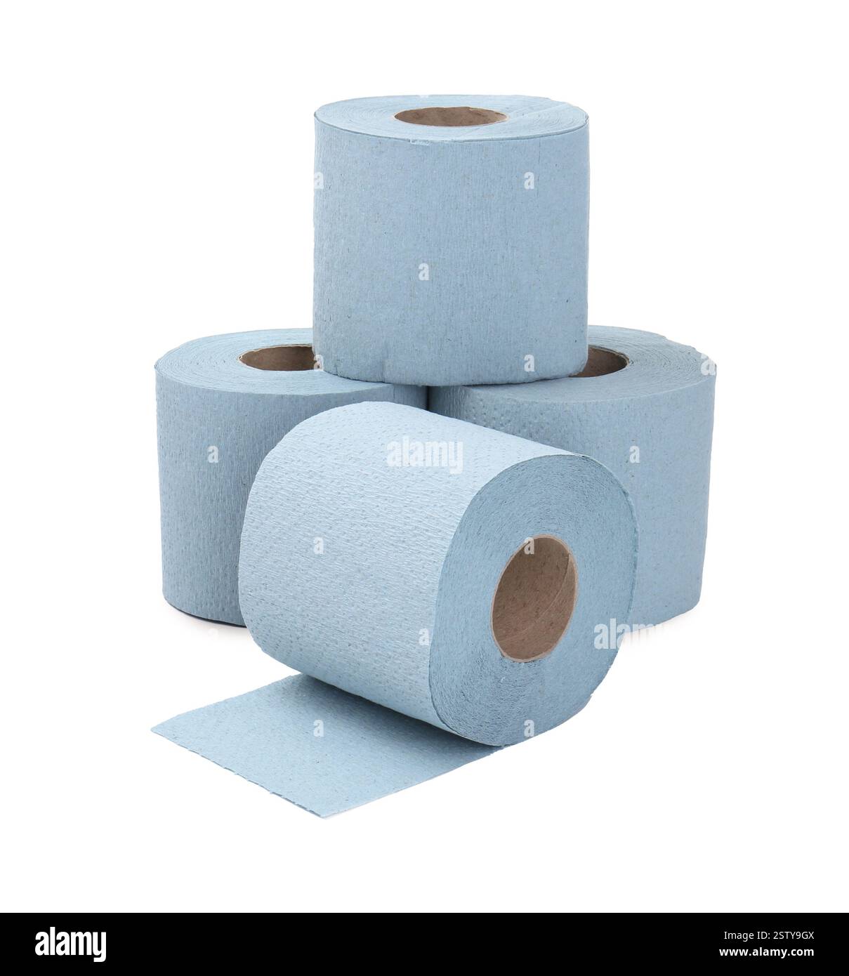 Stacked light blue toilet paper rolls isolated on white Stock Photo - Alamy