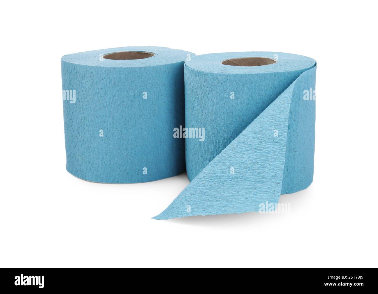 Light blue toilet paper rolls isolated on white Stock Photo - Alamy