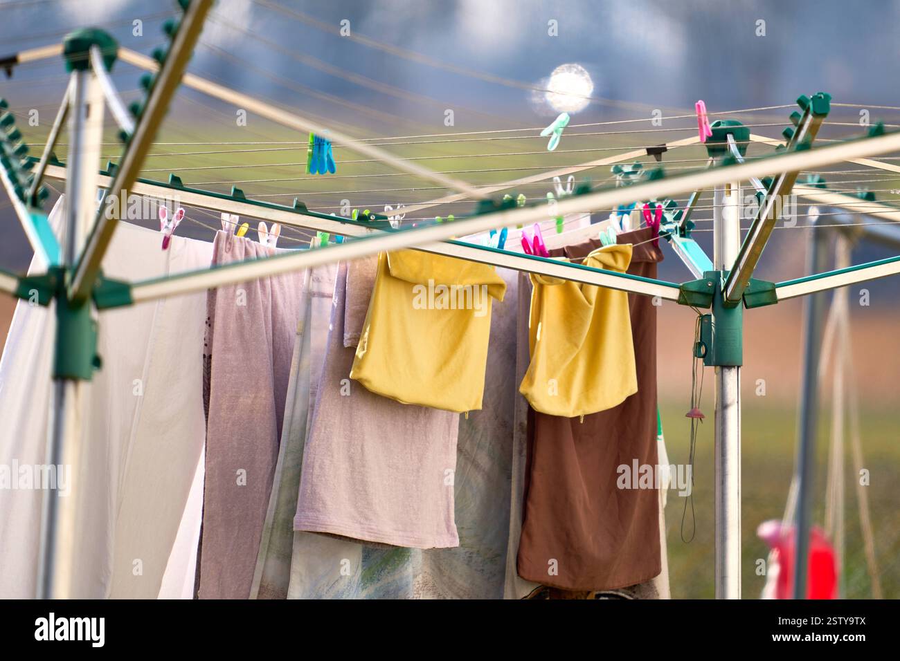 Bavaria, Germany - February 19, 2025: A rotary dryer in the garden with ...