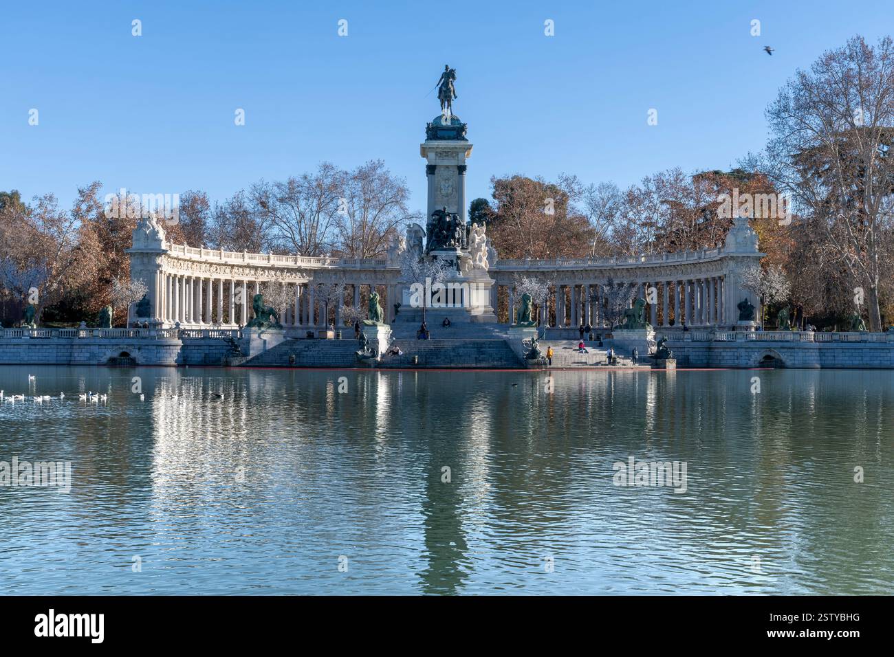 The Great Pond of El Retiro Park in Madrid. The park's beautiful focus is this Monument to ...