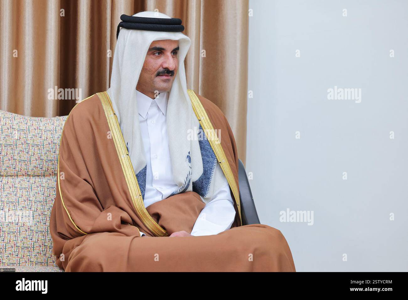 Tehran, Iran. 19th Feb, 2025. Iranian Supreme Leader (unseen) meets with Qatar's Emir, TAMIM BIN ...