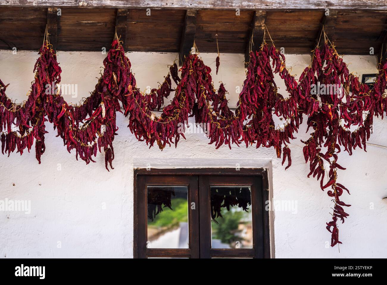 Red peppers drying on a facade Stock Photo - Alamy