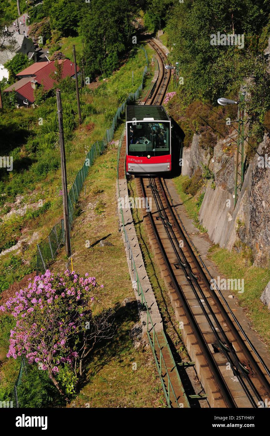 Mount Floyen funicular railway overlooking Bergen in western Norway ...