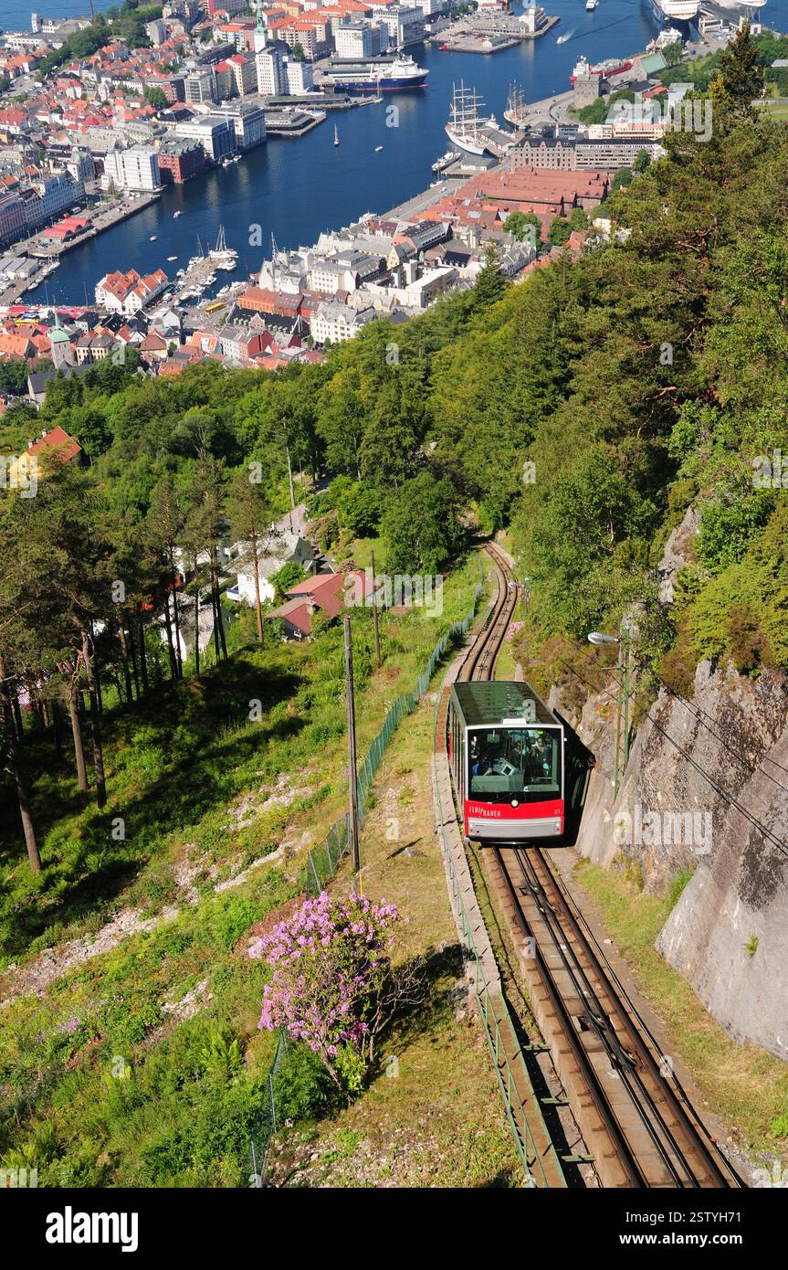 Mount Floyen funicular railway overlooking Bergen in western Norway ...