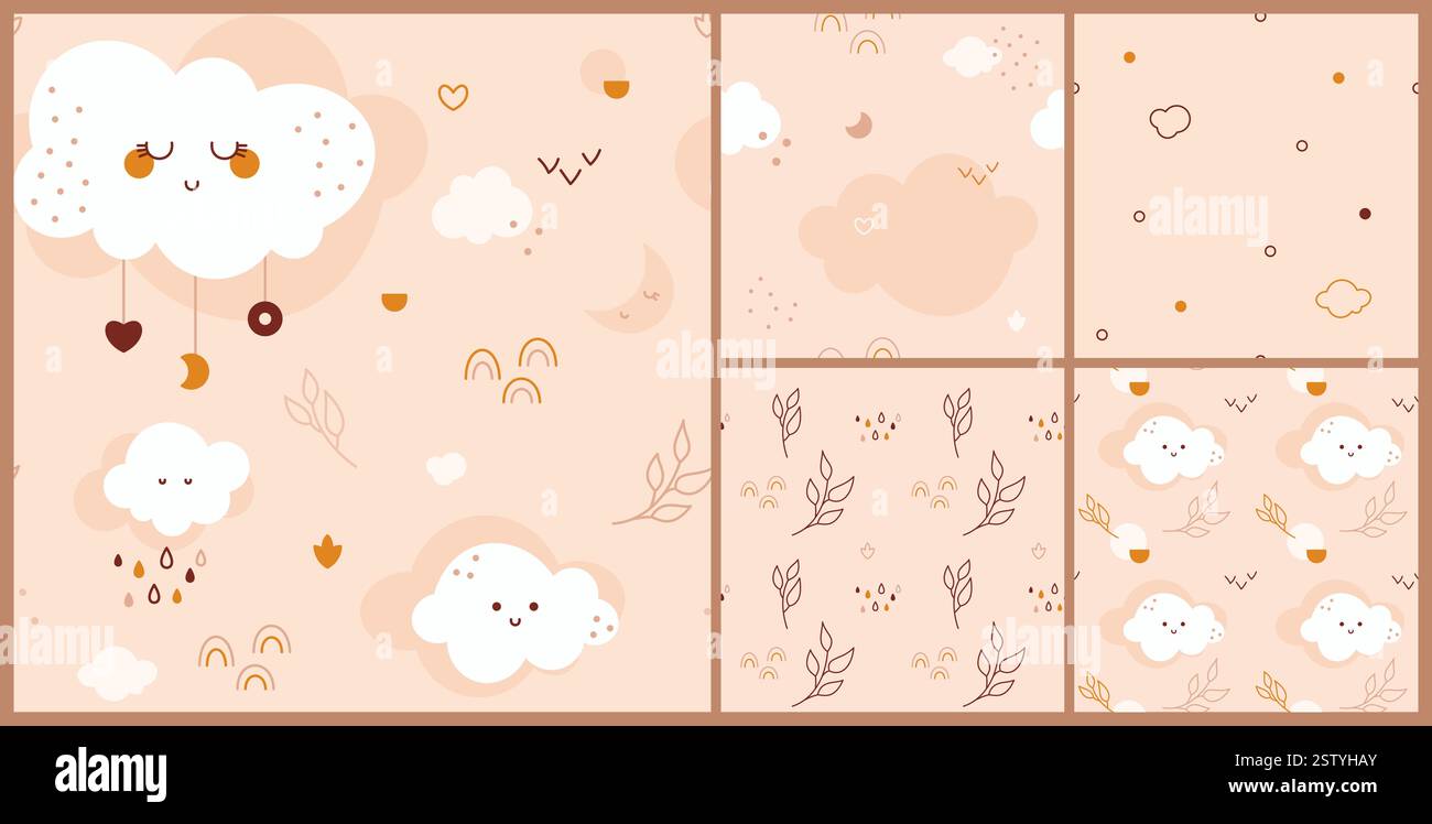 Bohemian baby seamless patterns. Gender neutral five repeating pictures ...