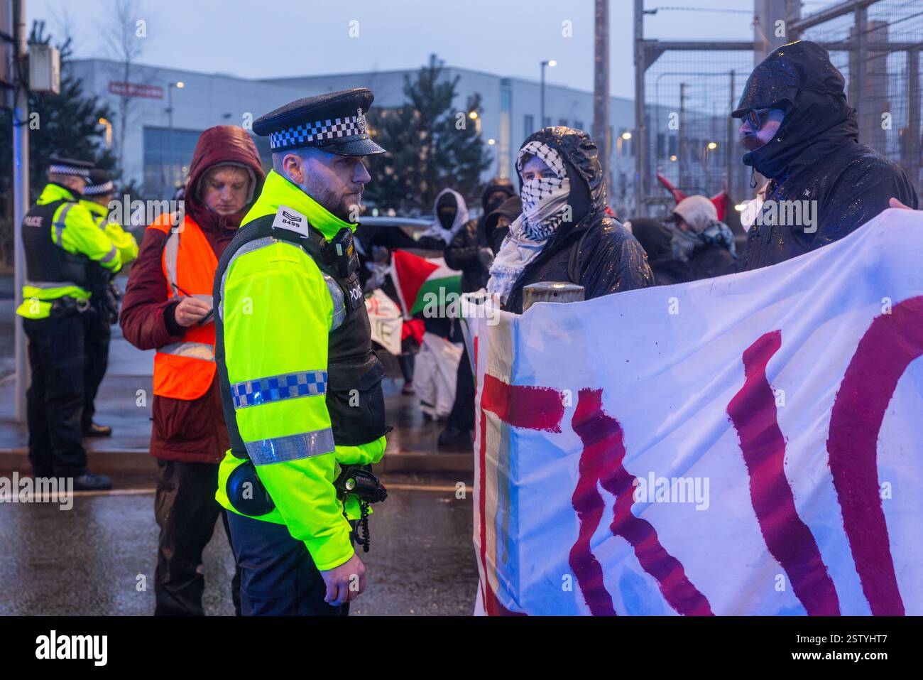 Samlesbury, UK. 20 FEB, 2025. Police officers attempt to speak to ...