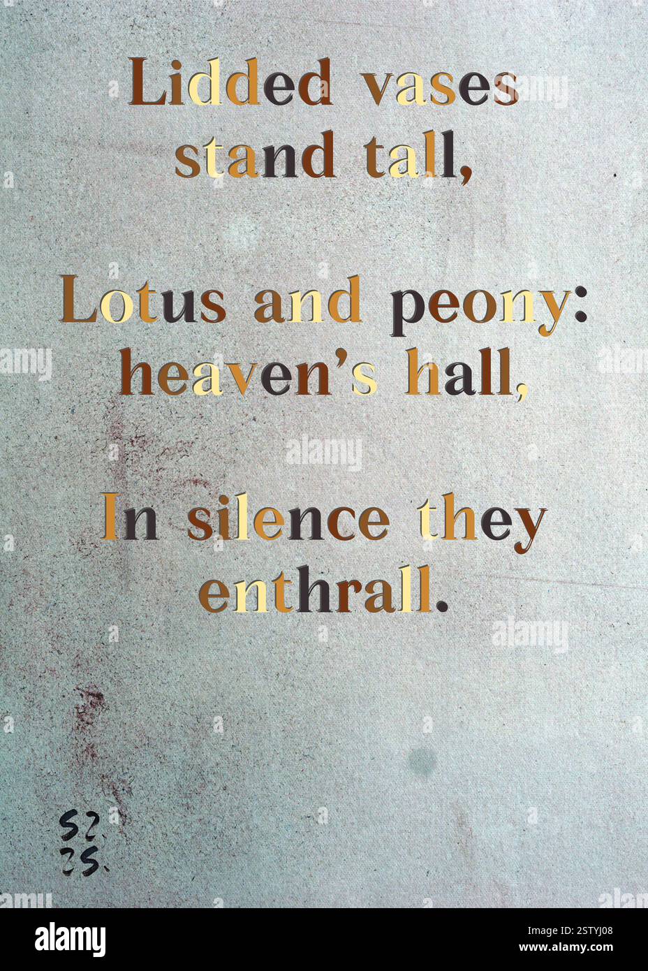 Lidded vases stand tall, Lotus and peony: heaven's hall, In silence ...