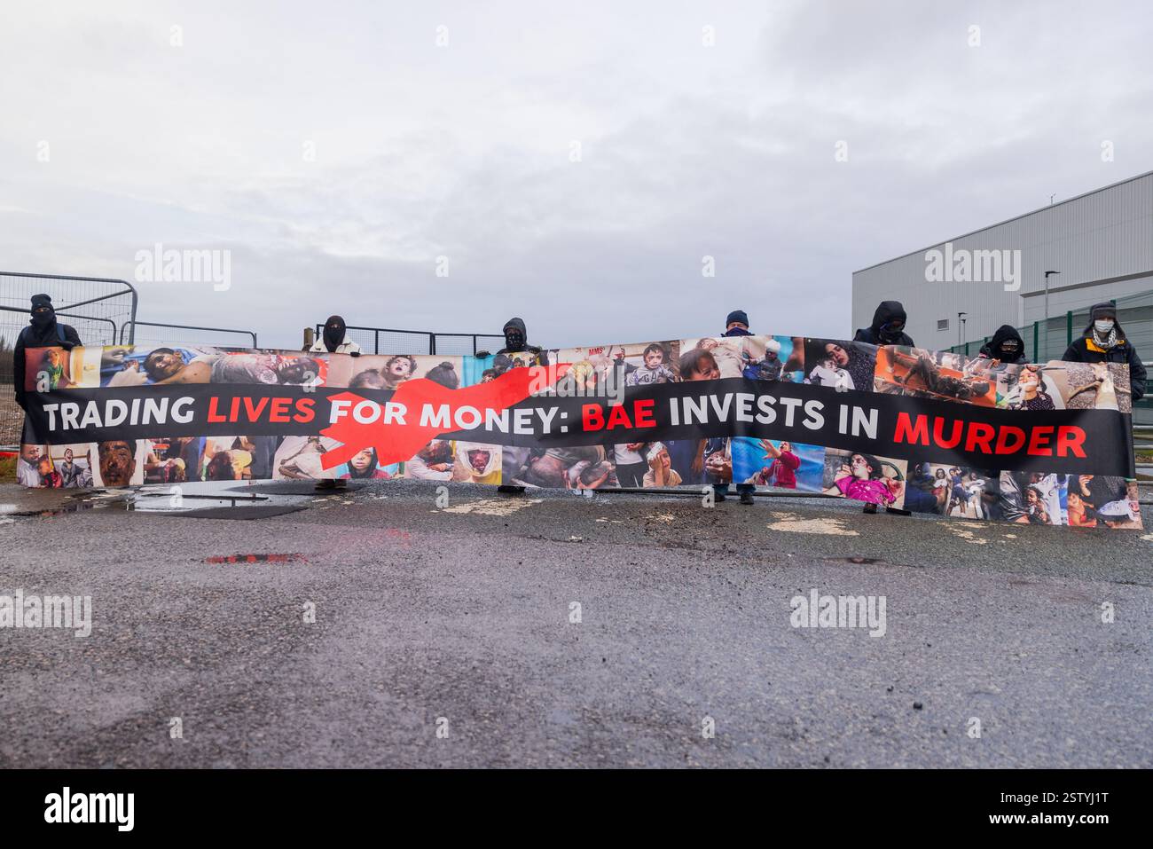 Samlesbury, UK. 20 FEB, 2025. "BAE invests in Murder" banner as Pro ...