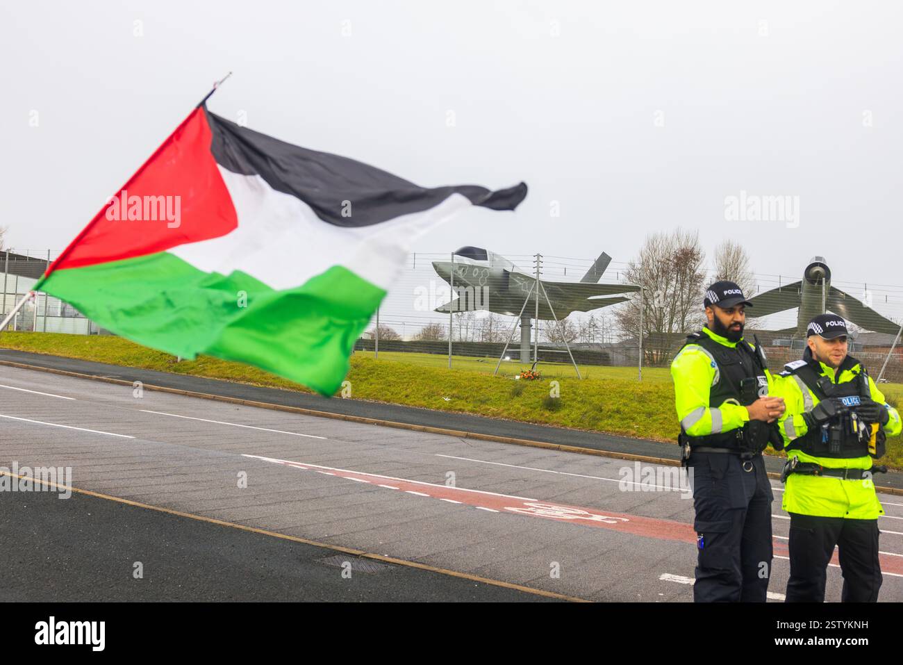 Samlesbury, UK. 20 FEB, 2025. Palestine flag flies in front of model of ...