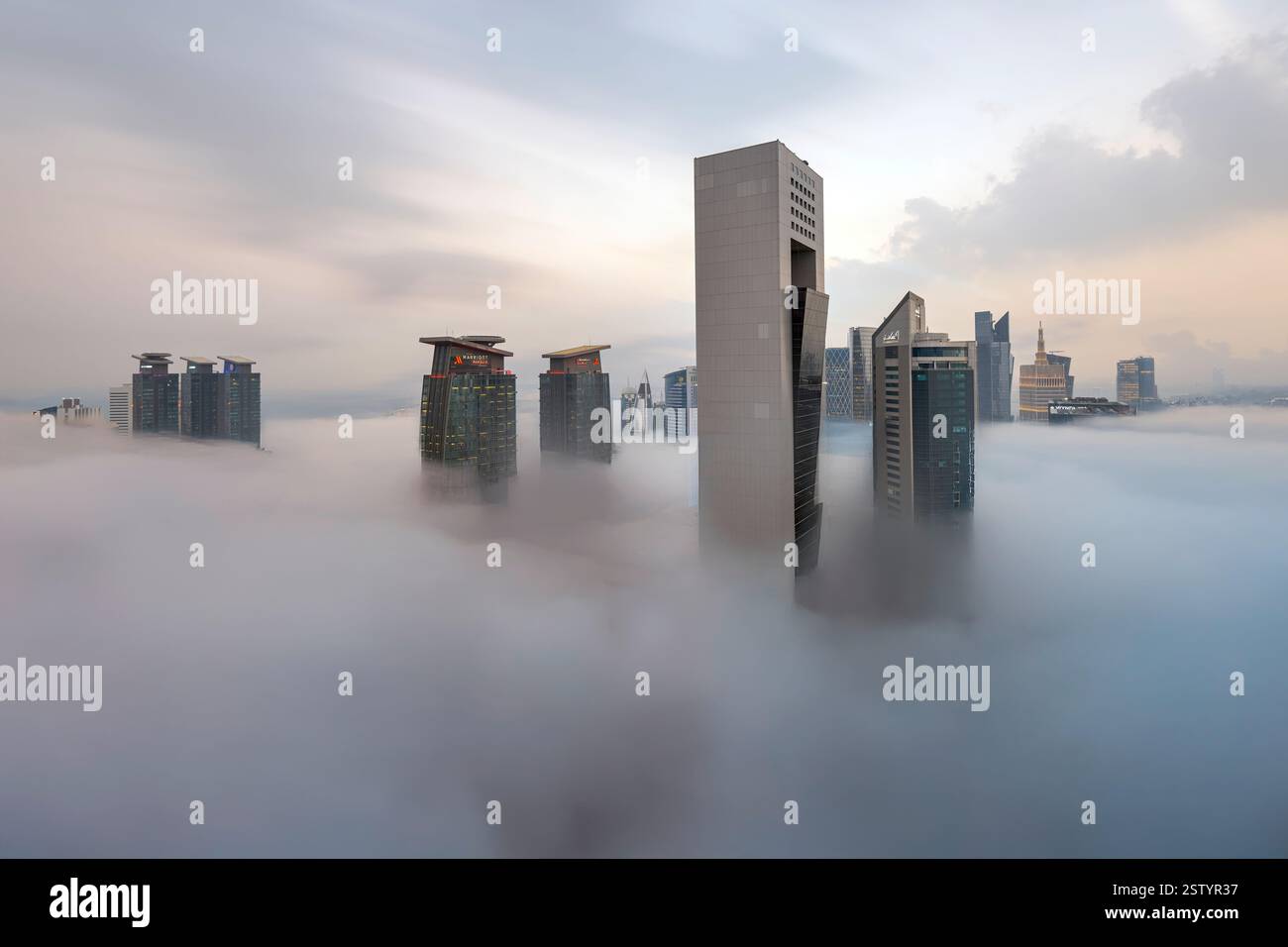 Aerial view of West bay Doha Suring heavy fog. Fog in Qatar Stock Photo ...