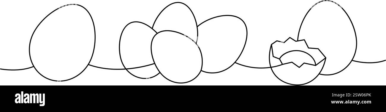 Set of fresh eggs one line continuous drawing. Boiled eggs, broken eggshell, omelette, protein ...