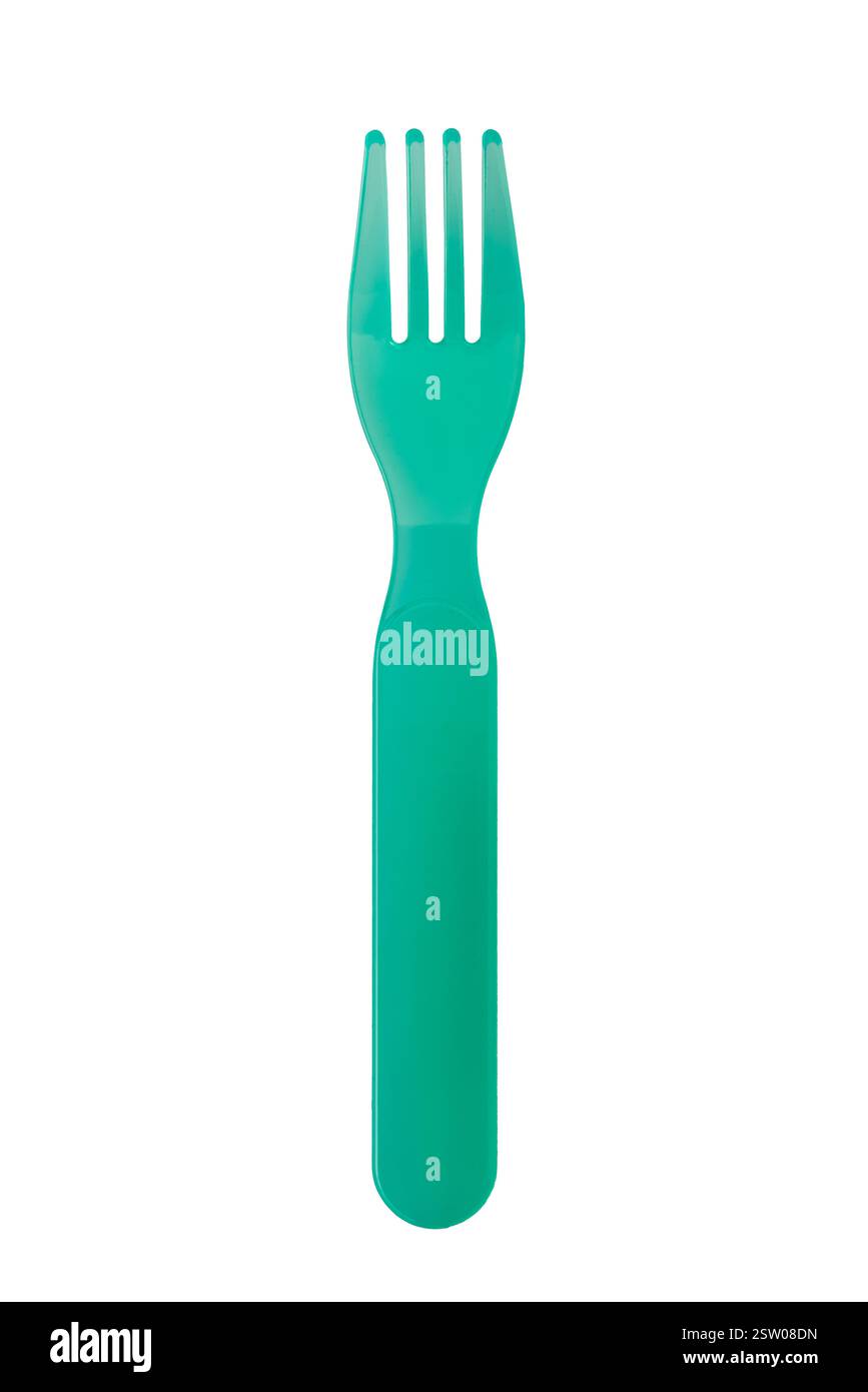 Baby plastic fork, green small fork for children isolated on white with ...