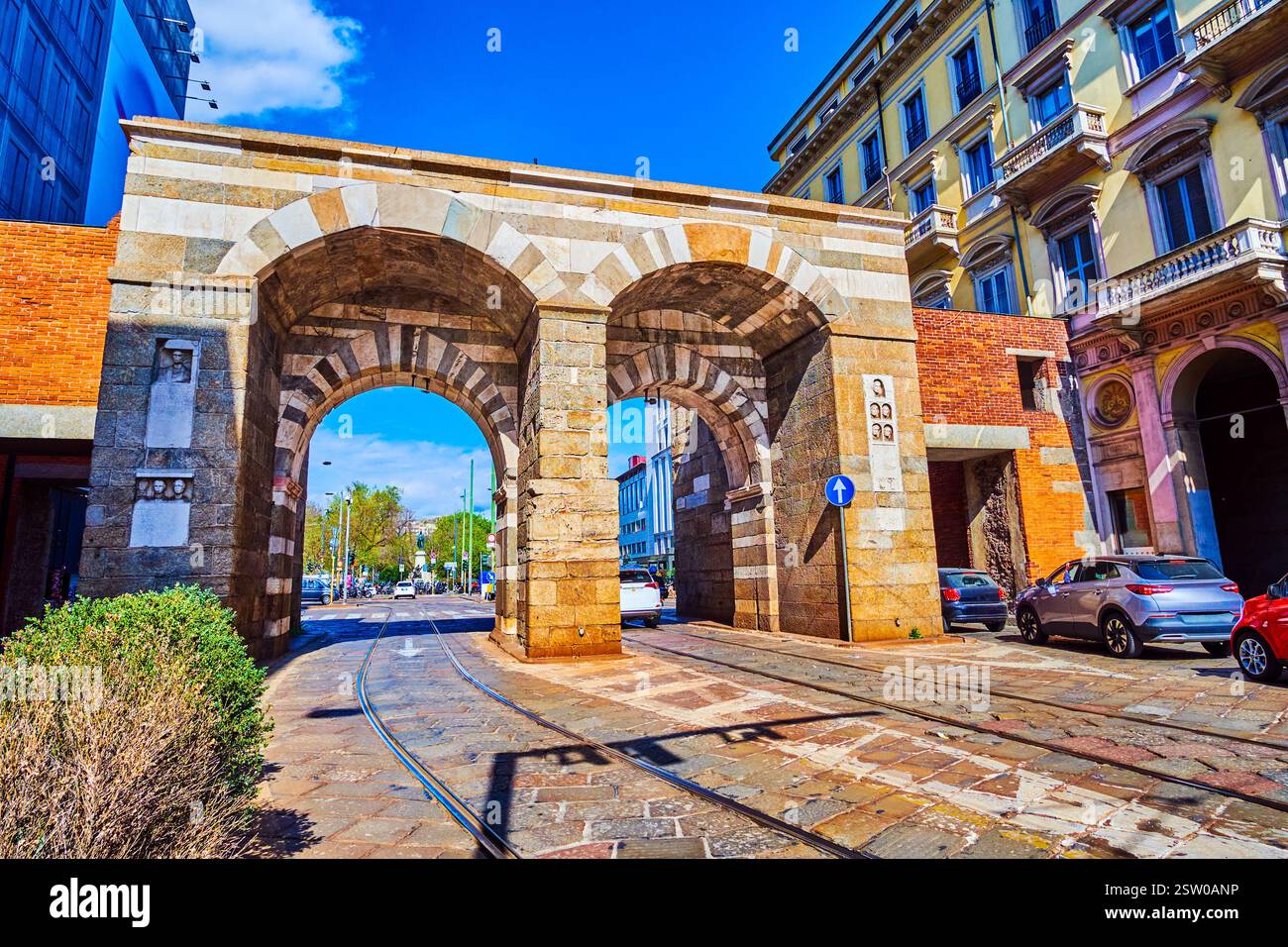 Inner facade of the medieval Porta Nuova Gate on Via Alessandro Manzoni ...