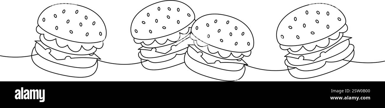 Fresh burger set one line continuous drawing. Traditional American fast ...