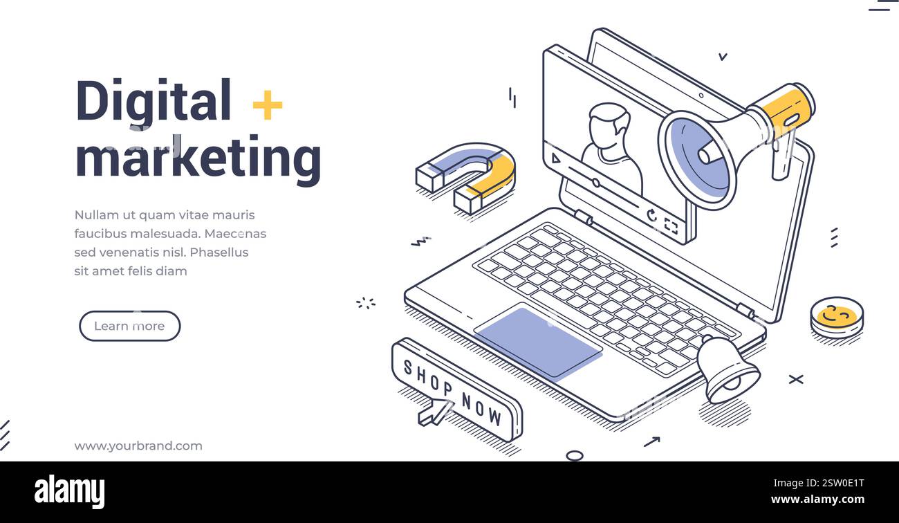Digital marketing modern isometric line art web banner template. Laptop showcasing an online ...