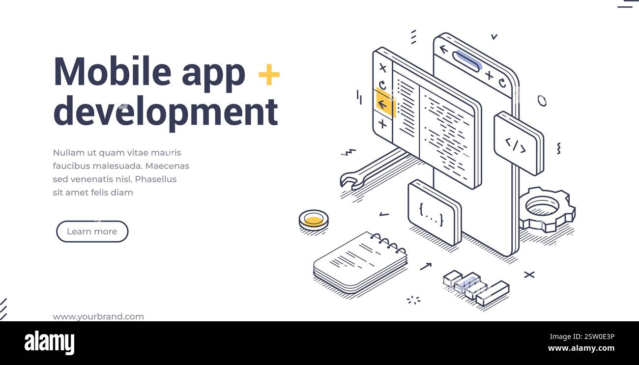 Mobile app development web banner features a detailed isometric line art design. Icons and ...