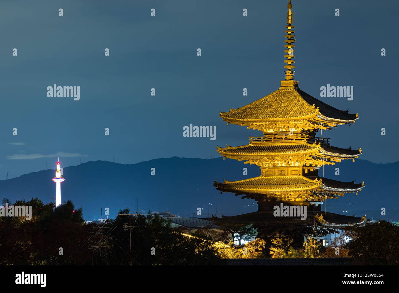Yasaka Tower, the five-story pagoda and night view of the illuminated ...