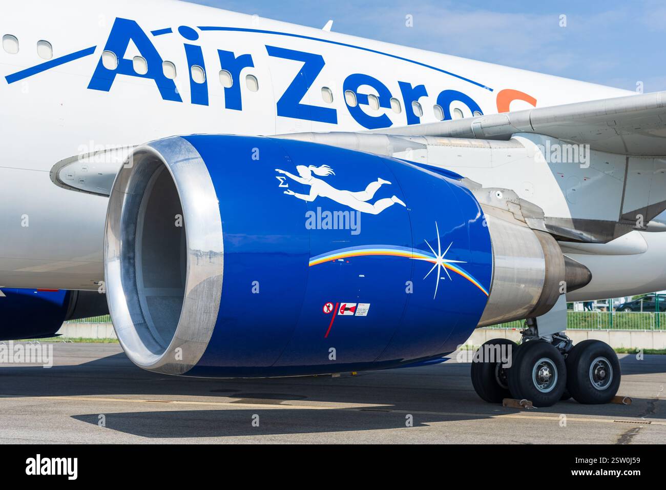 BERLIN - JUNE 07, 2024: The turbofun engine of a wide-body aircraft ...