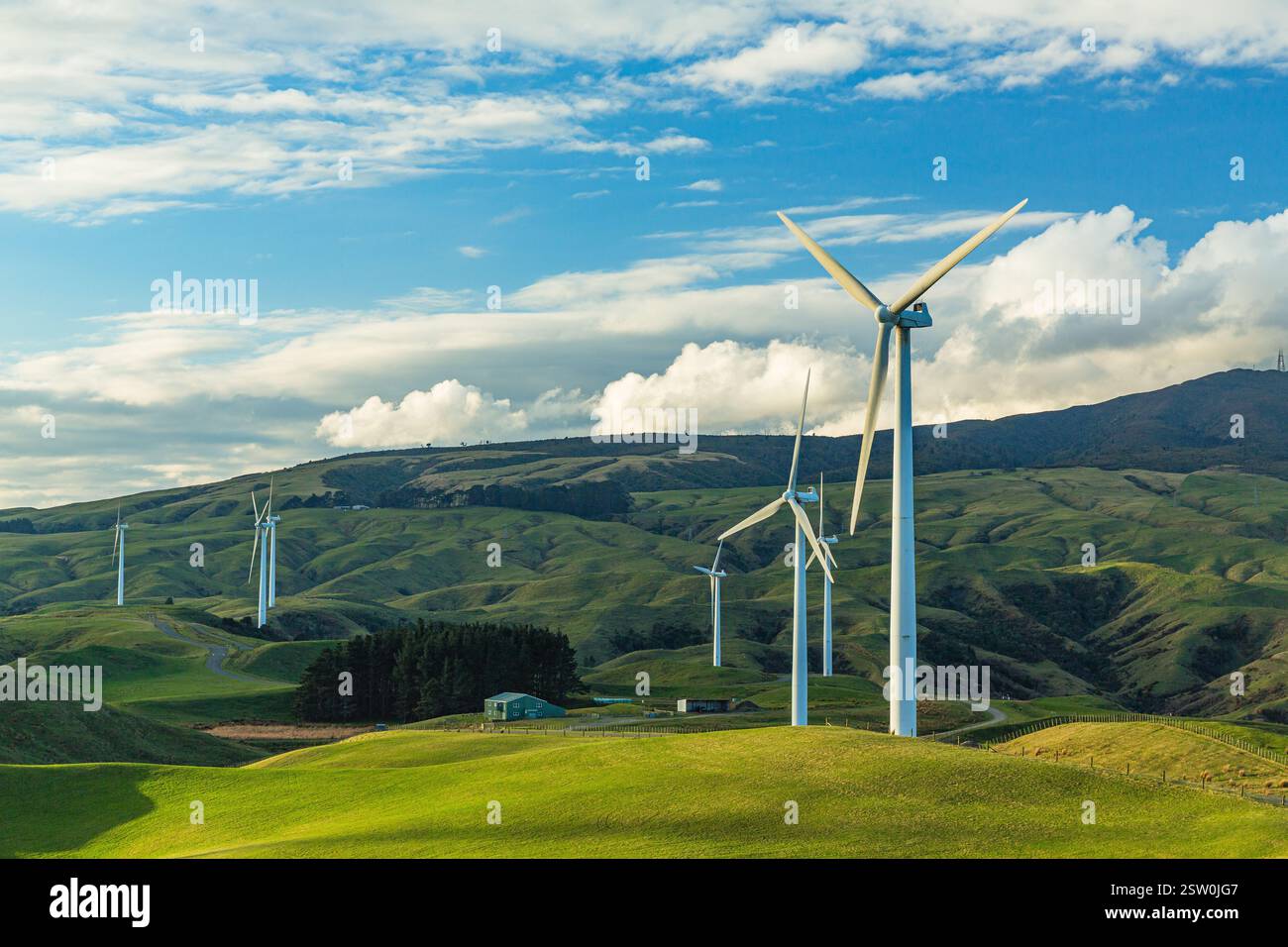 Wind power generation in Te Apiti Wind Farm, New Zealand Stock Photo ...