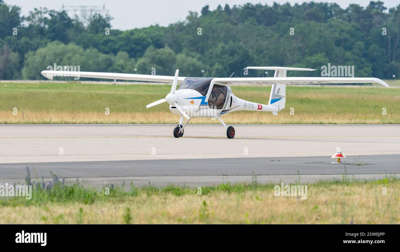 The electric light aircraft Pipistrel Velis Electro on the airfield ...