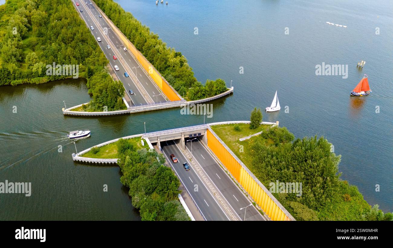 An aerial view of the Aquaduct Veluwemeer in the Netherlands ...