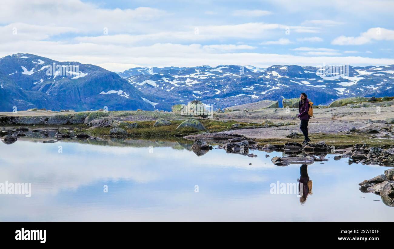 Tranquil Reflection of Hikers in Norway's Majestic Landscape at Dawn ...