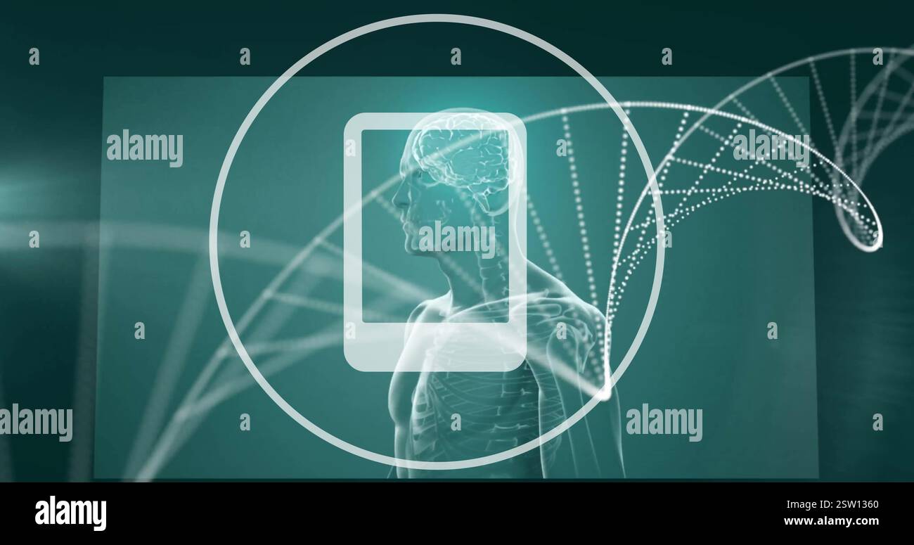 Image of scanner and smartphone icon over dna and medical interface ...