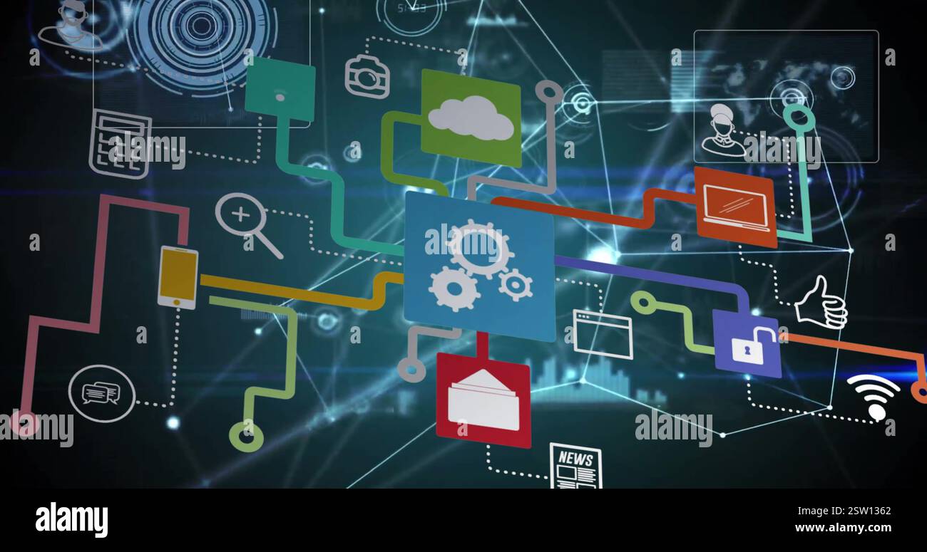 Image of cloud, cogs and icons over network of connections on dark ...