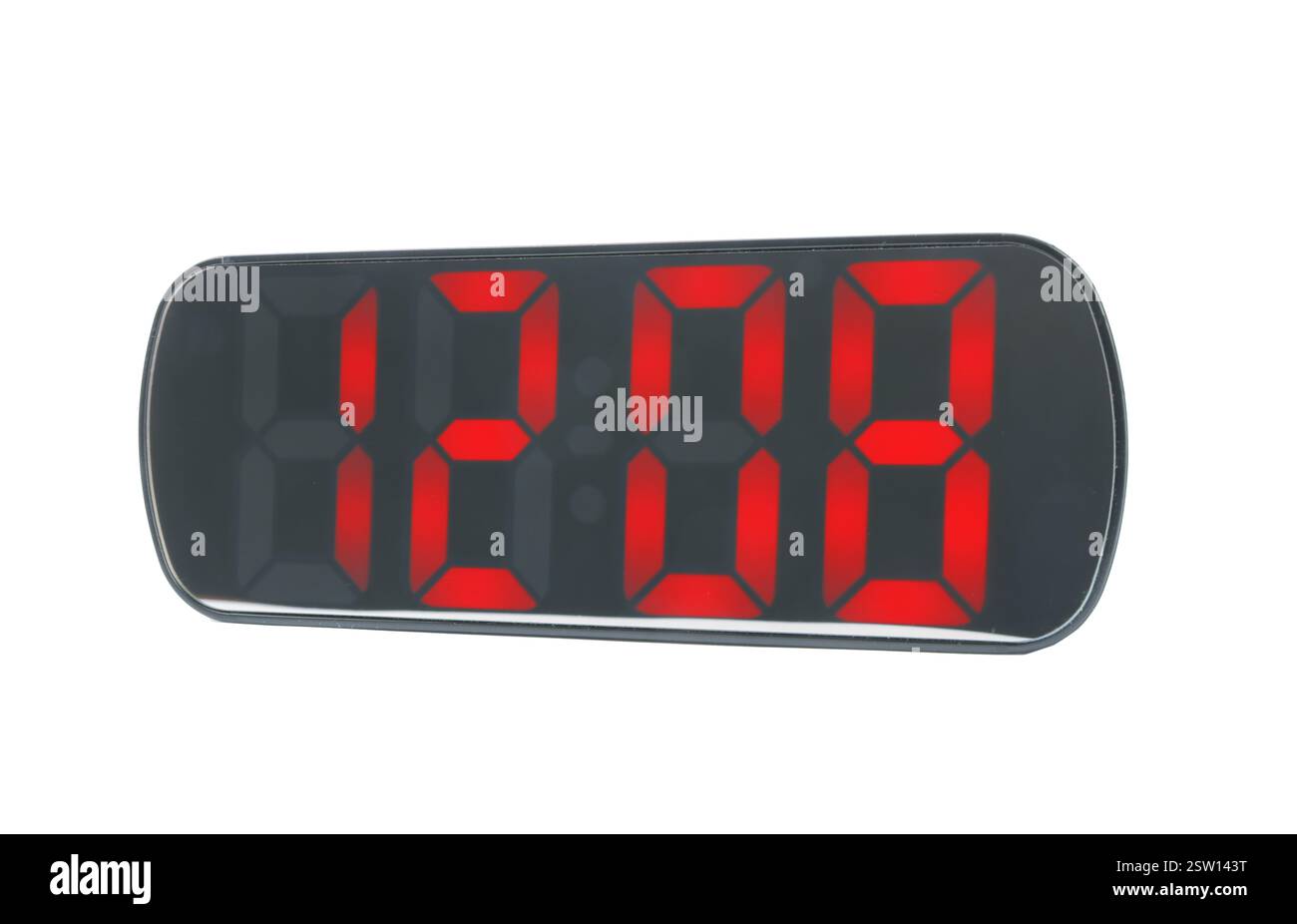 Digital alarm clock showing 12:08 o'clock on white background Stock ...
