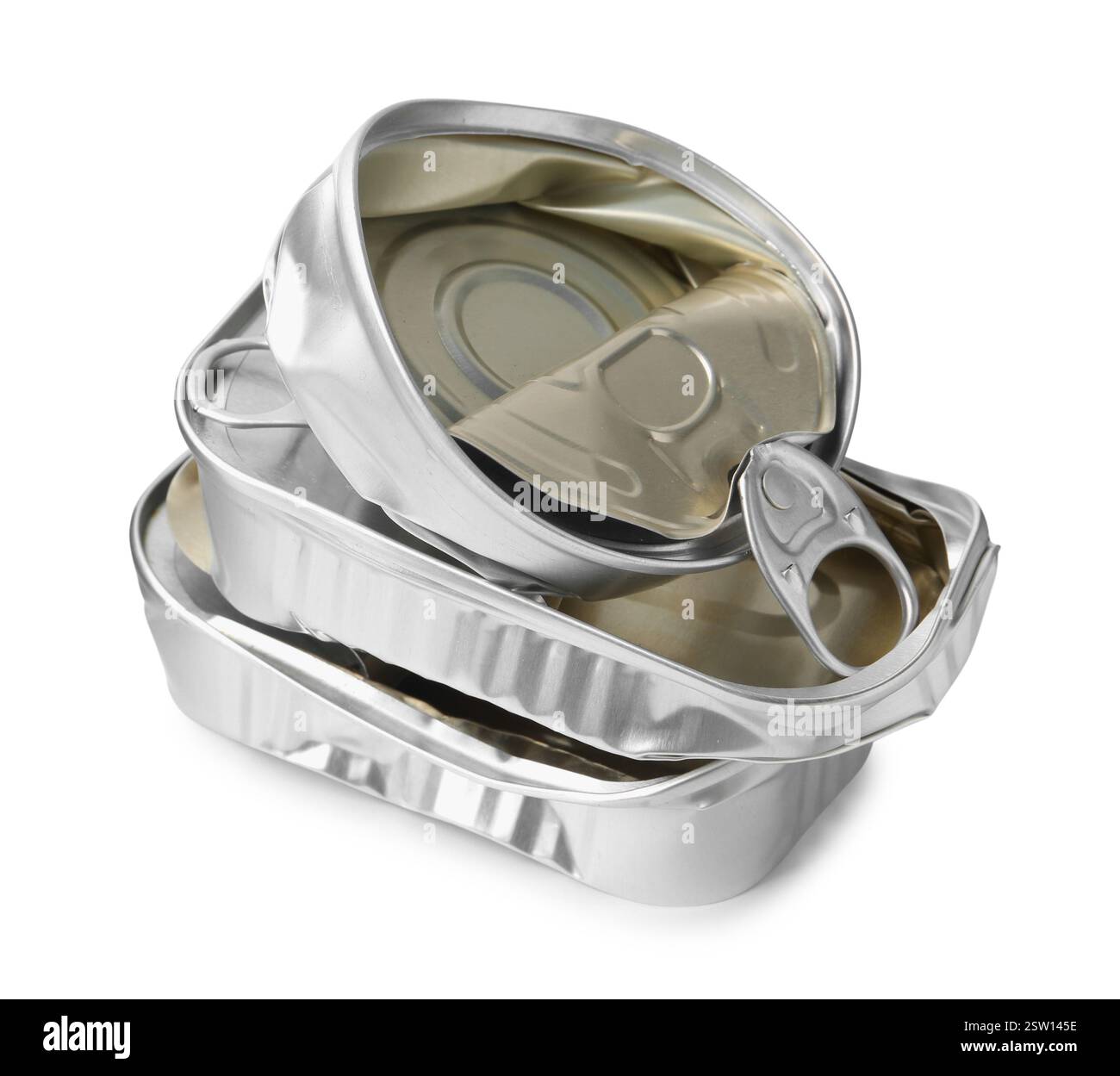 Three crumpled tin cans isolated on white Stock Photo - Alamy