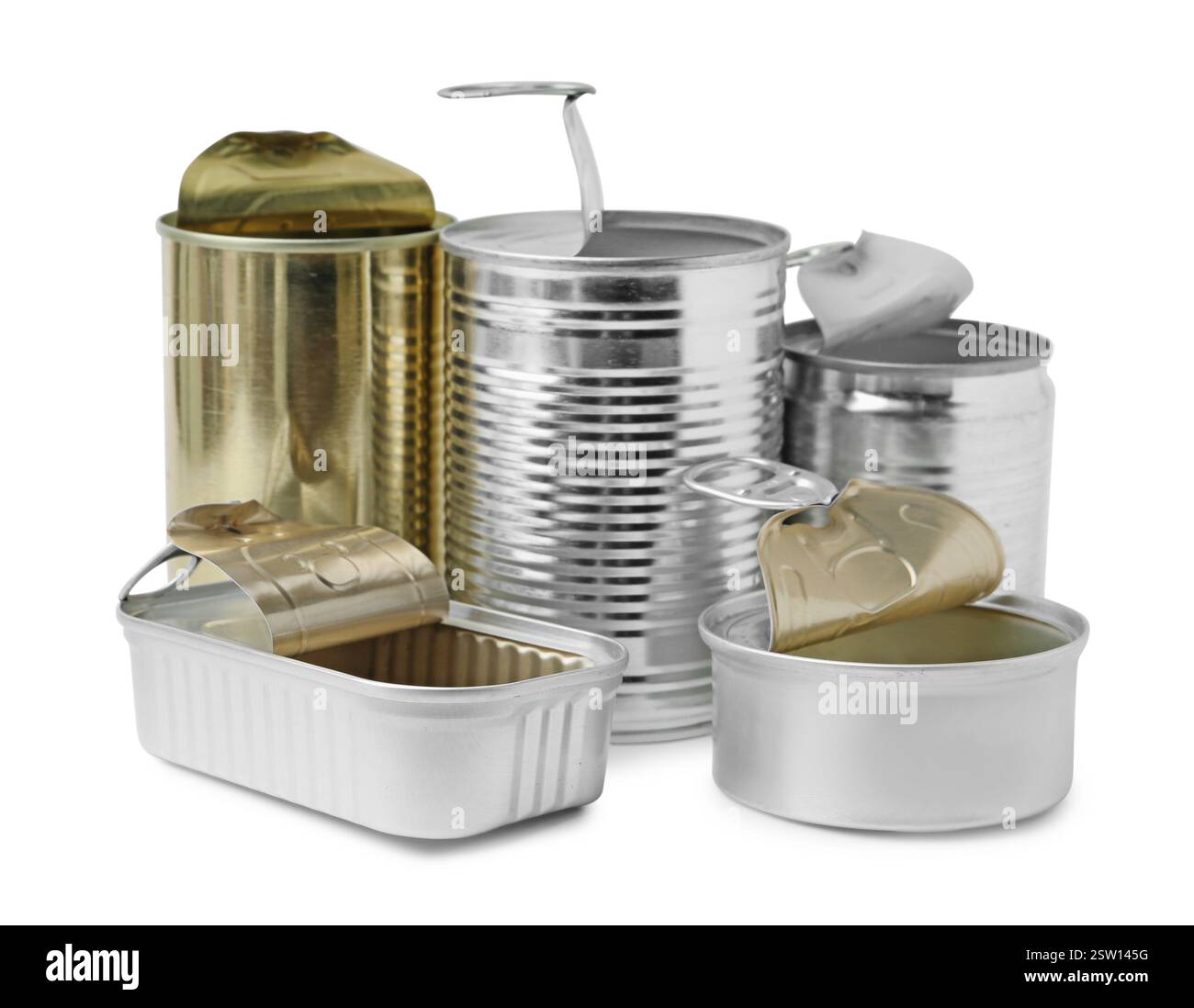 Many open tin cans isolated on white Stock Photo - Alamy