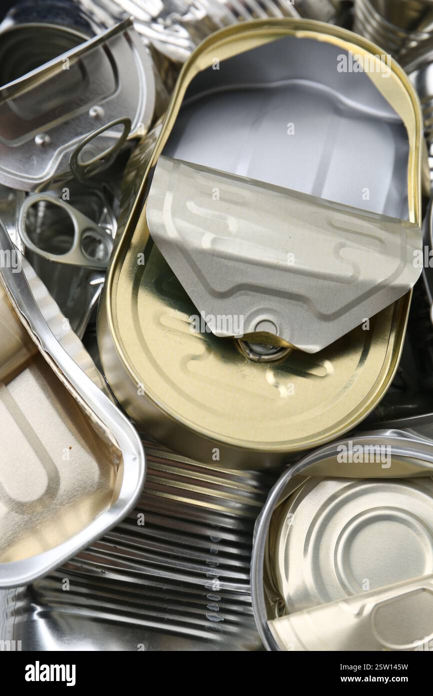 Many crumpled tin cans as background, closeup Stock Photo - Alamy