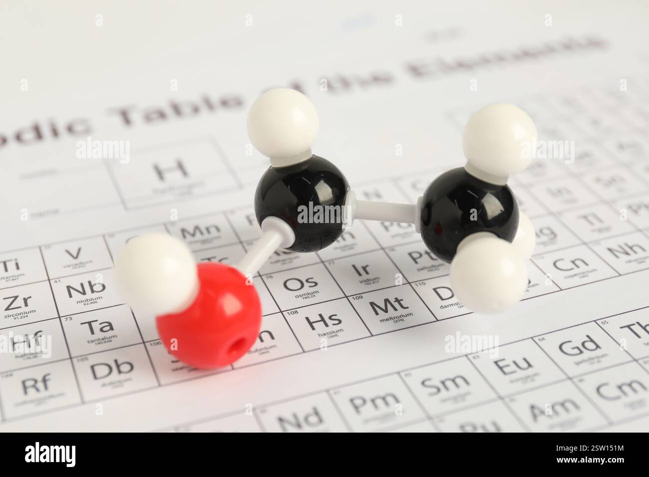 Molecule of ethanol on periodic table, closeup. Chemical model Stock ...