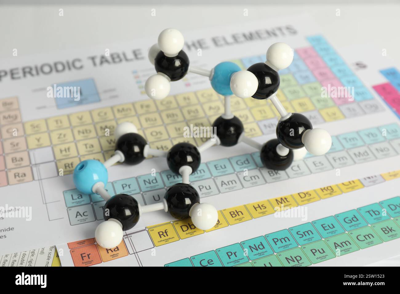 Chemical model of molecule on periodic table, closeup Stock Photo - Alamy