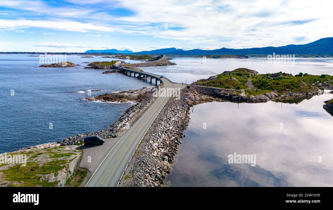 Coastal Roadway Connecting Islands of Norway Under Clear Blue Skies ...