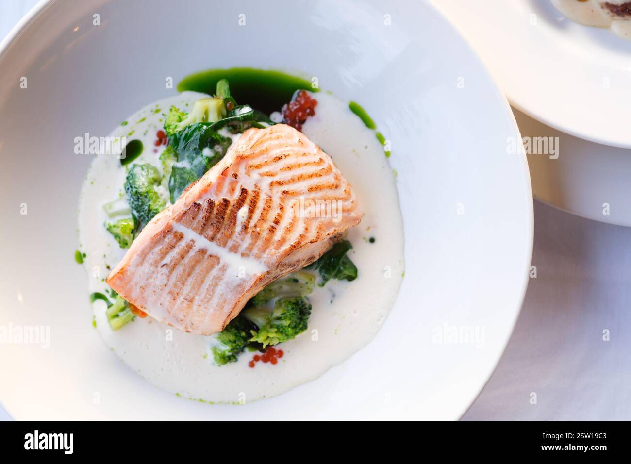 Pan seared salmon fillet served with creamy sauce and sautéed broccoli ...