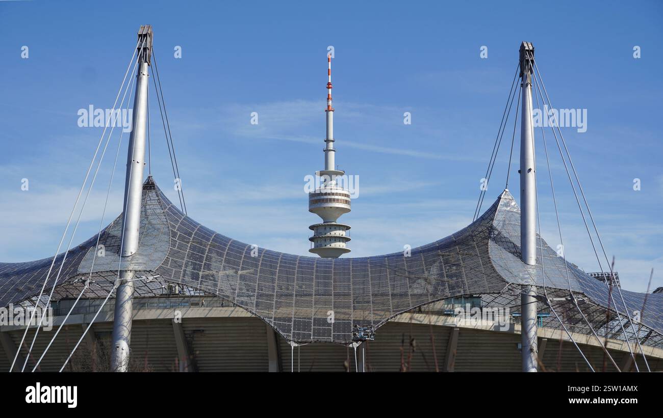 Foil roof construction and grandstand of the Olympic Stadium in Munich ...