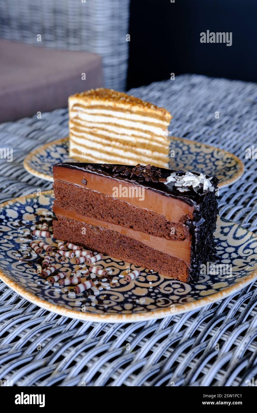 Two slices of cake one layered and light the other rich chocolate sit ...