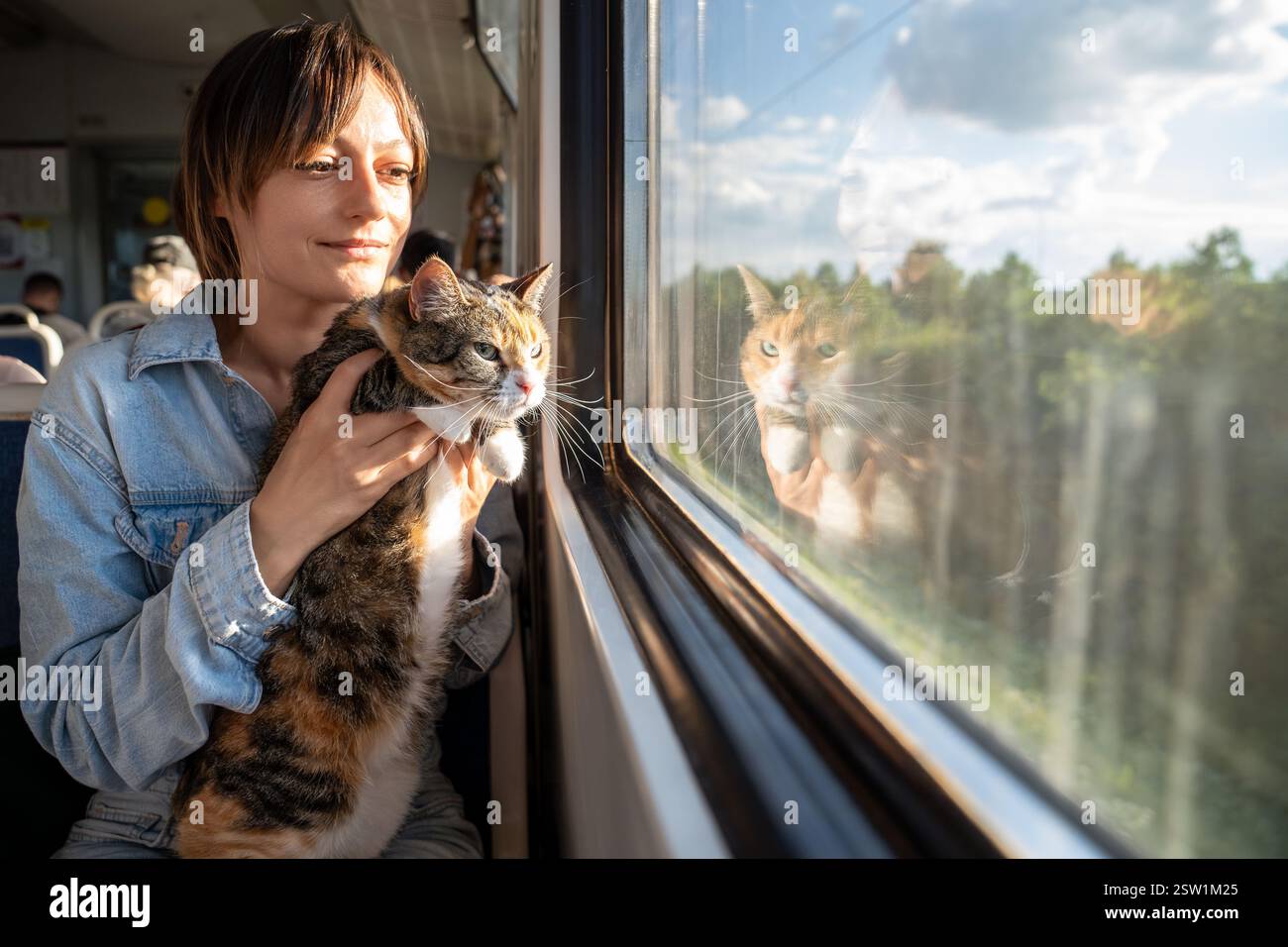Woman holds curious cat in arms hugging embracing, showing the landscape scenery outside window ...