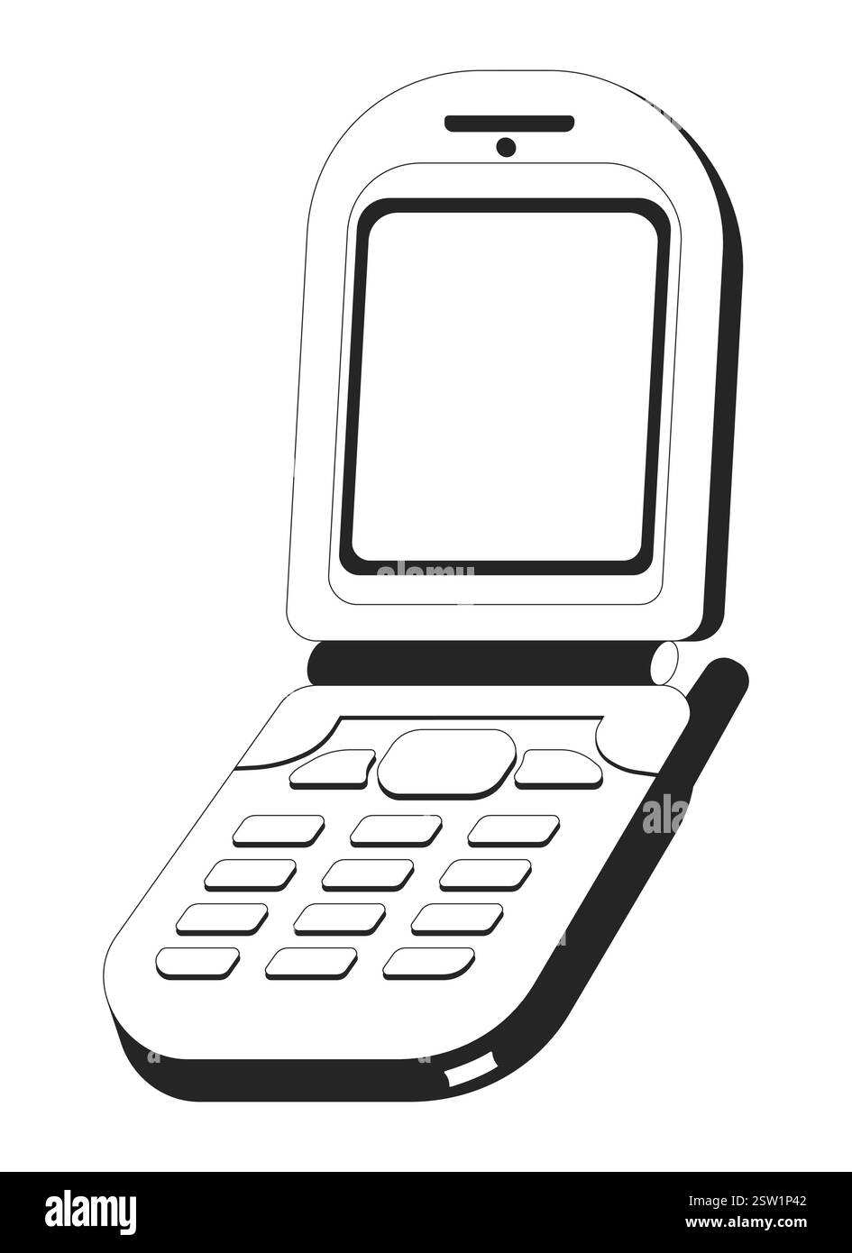 Vintage flip phone with blank screen black and white 2D line object ...